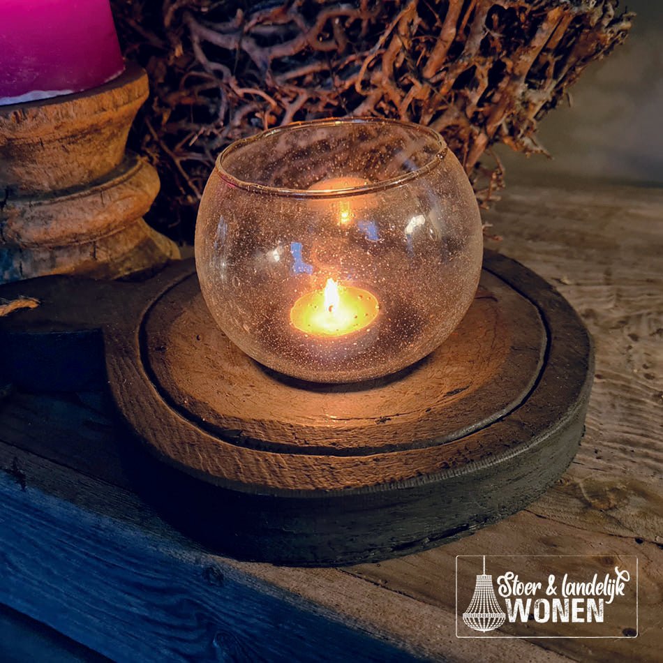 Houten ronde plank met windlicht – Stoer en Landelijk Wonen Winkel